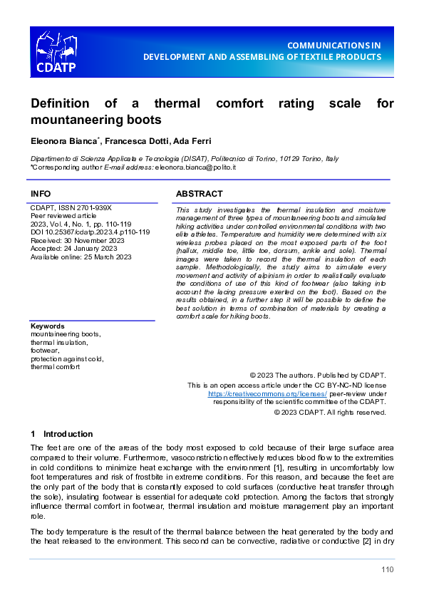 (PDF) Definition of a thermal comfort rating scale for mountaneering boots