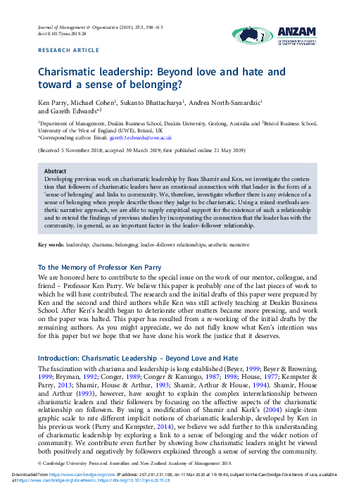 (PDF) Charismatic leadership: Beyond love and hate and toward a sense ...