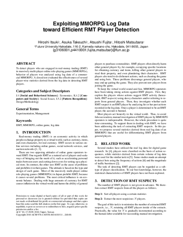 (PDF) Exploiting MMORPG log data toward efficient RMT player detection