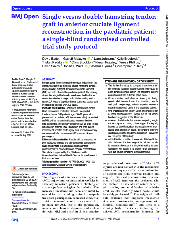 (PDF) Single versus double hamstring tendon graft in anterior cruciate ...