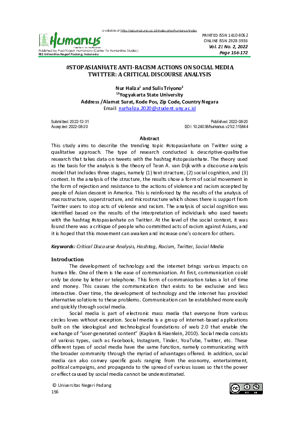 (PDF) #stopasianhate Anti-Racism Actions on Social Media Twitter: A ...