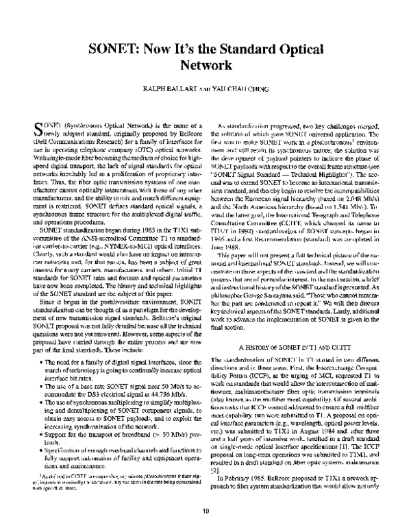 (PDF) SONET: now it's the standard optical network