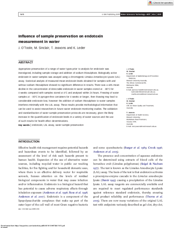 (PDF) Influence of sample preservation on endotoxin measurement in water