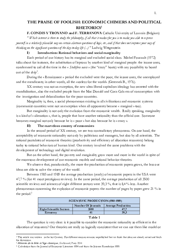 (PDF) THE PRAISE OF FOOLISH: ECONOMIC CHIMERS AND POLITICAL RHETORICS