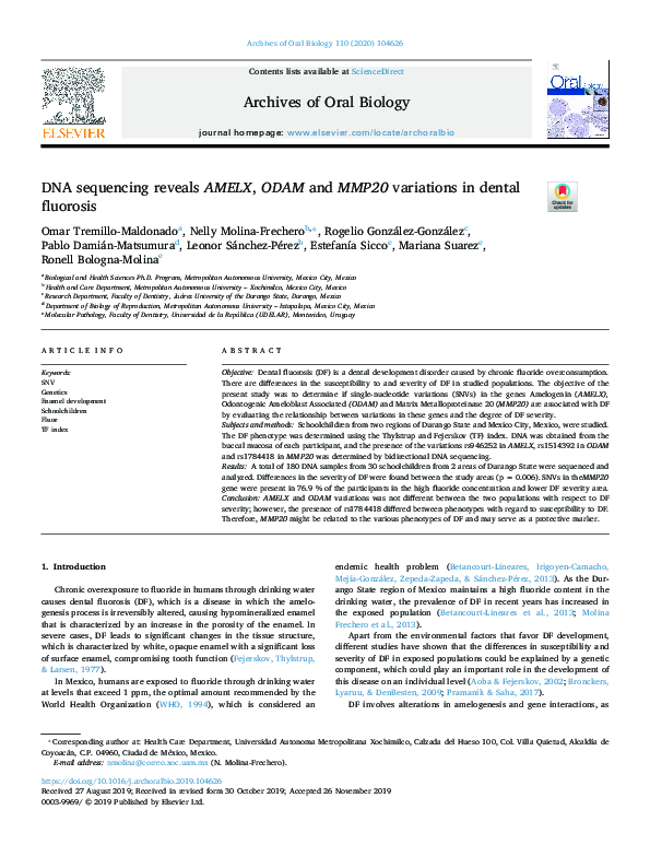 (PDF) DNA sequencing reveals AMELX, ODAM and MMP20 variations in dental ...