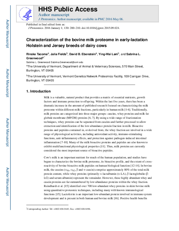 (PDF) Characterization of the bovine milk proteome in early-lactation ...
