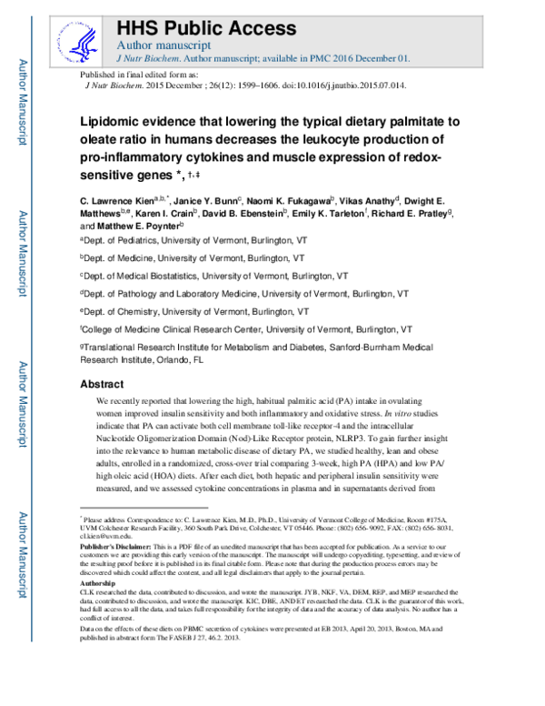 (PDF) Lipidomic evidence that lowering the typical dietary palmitate to ...