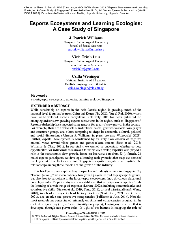 (PDF) Esports Ecosystems and Learning Ecologies: A Case Study of Singapore