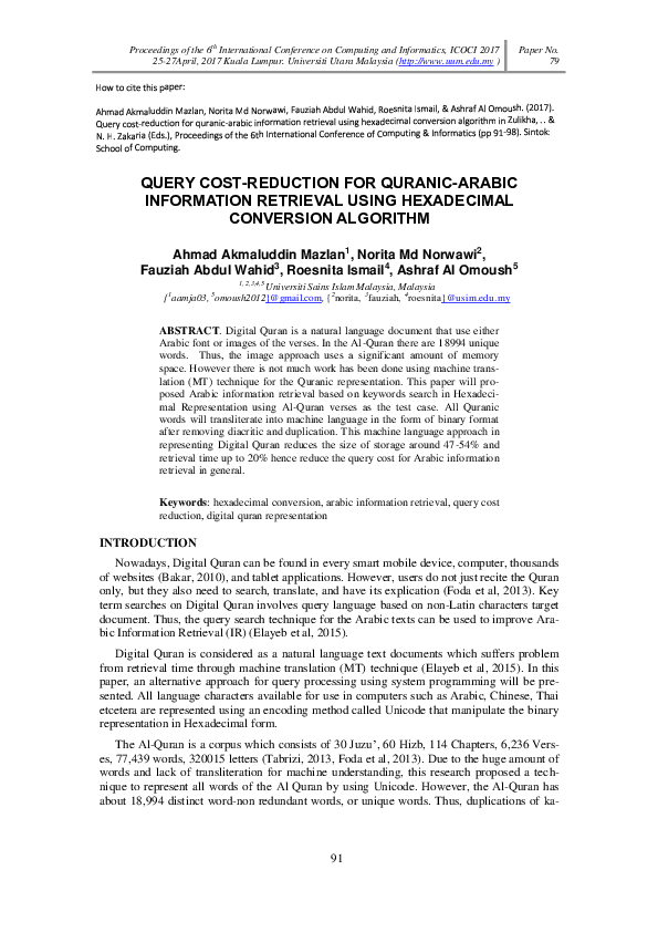 Pdf Query Cost Reduction For Quranic Arabic Information Retrieval Using Hexadecimal Conversion