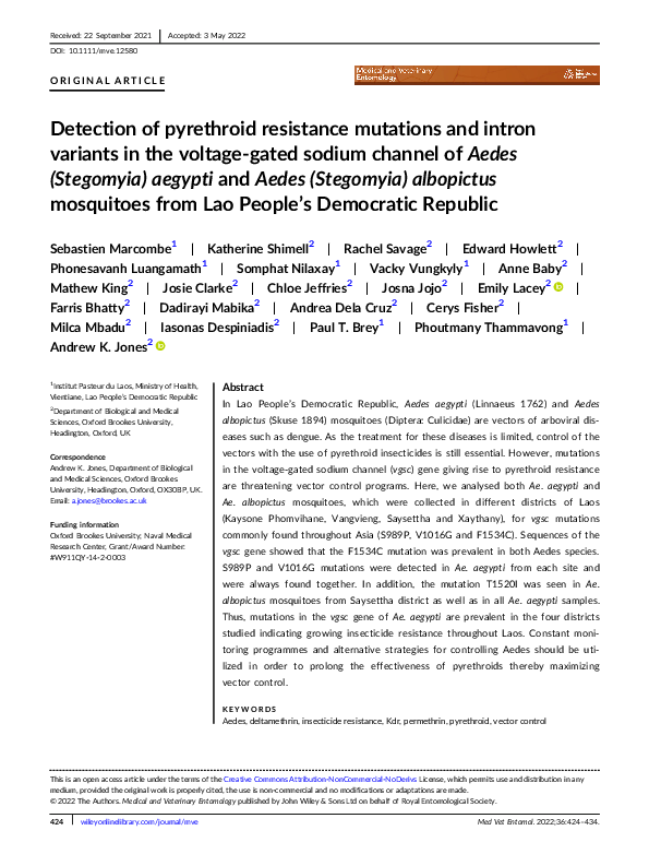 (PDF) Detection of pyrethroid resistance mutations and intron variants in the voltage‐gated ...