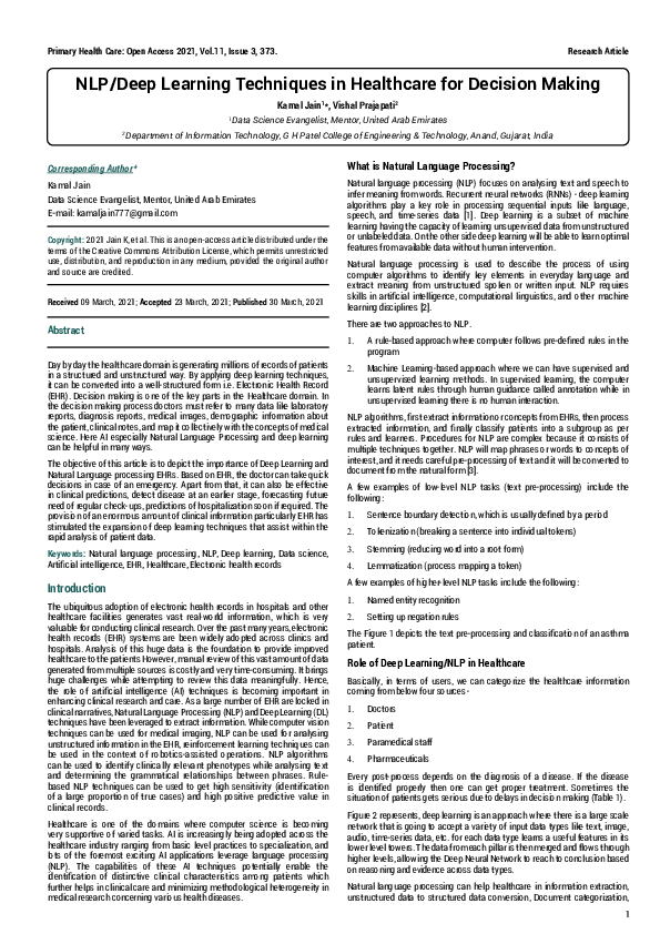 Pdf Nlpdeep Learning Techniques In Healthcare For Decision Making