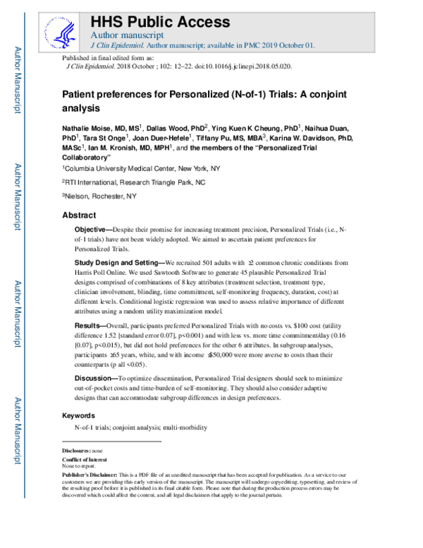 (PDF) Patient preferences for Personalized (N-of-1) Trials: A conjoint analysis