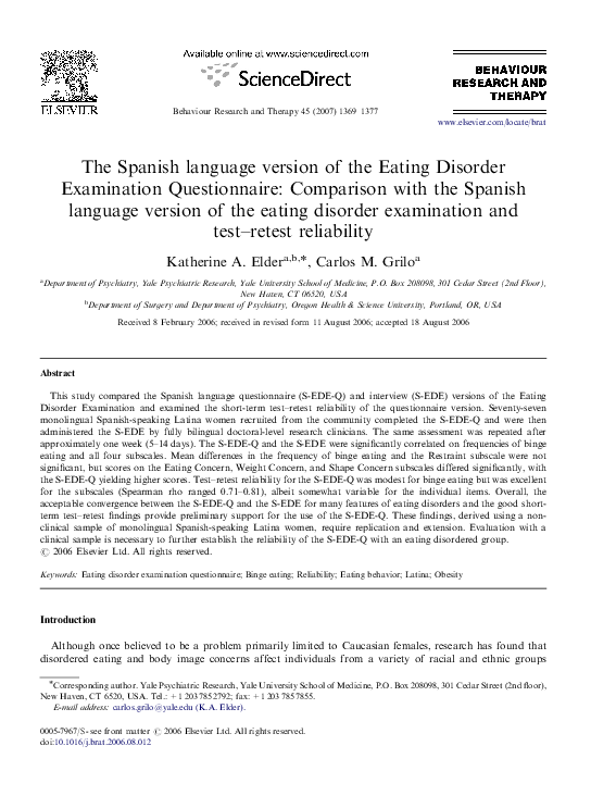 (PDF) The Spanish language version of the Eating Disorder Examination ...
