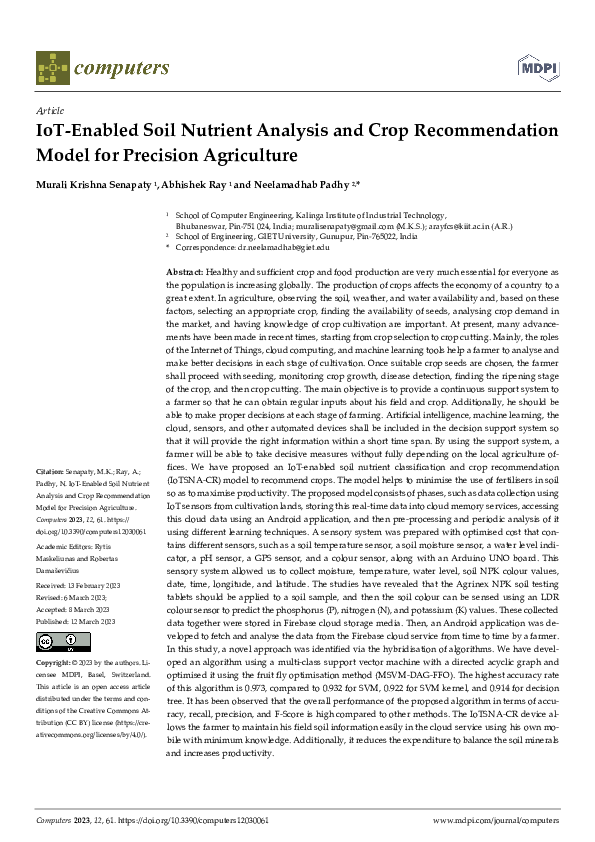 (PDF) IoT-Enabled Soil Nutrient Analysis and Crop Recommendation Model ...