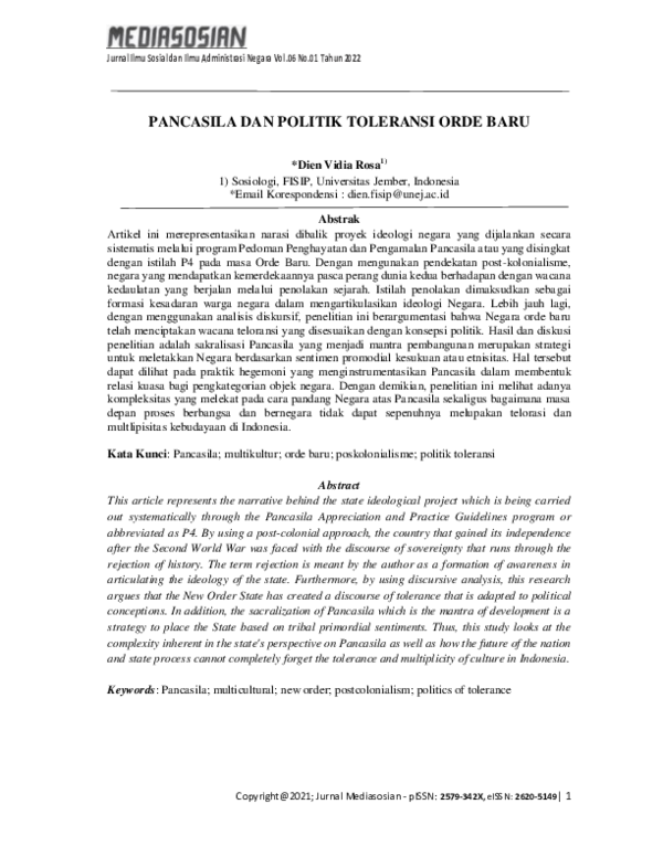 (PDF) Pancasila Dan Politik Toleransi Orde Baru