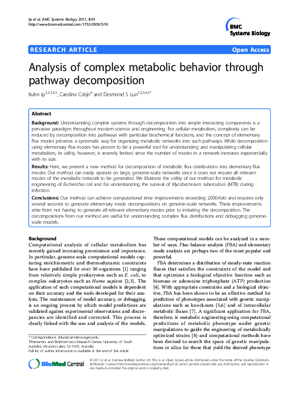 (PDF) Analysis of complex metabolic behavior through pathway decomposition