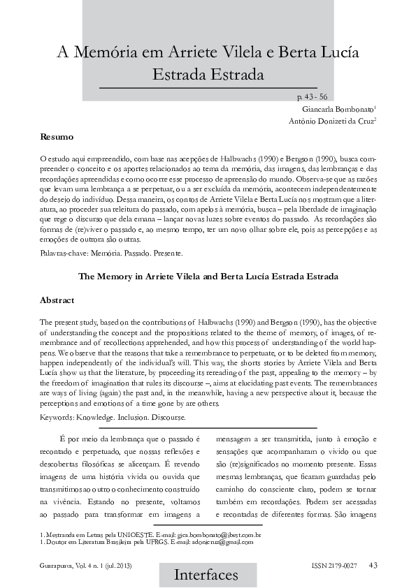 (PDF) A Memória Em Arriete Vilela e Berta Lucía Estrada