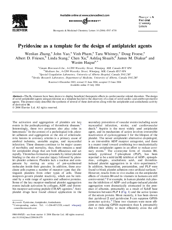 (PDF) Pyridoxine as a template for the design of antiplatelet agents
