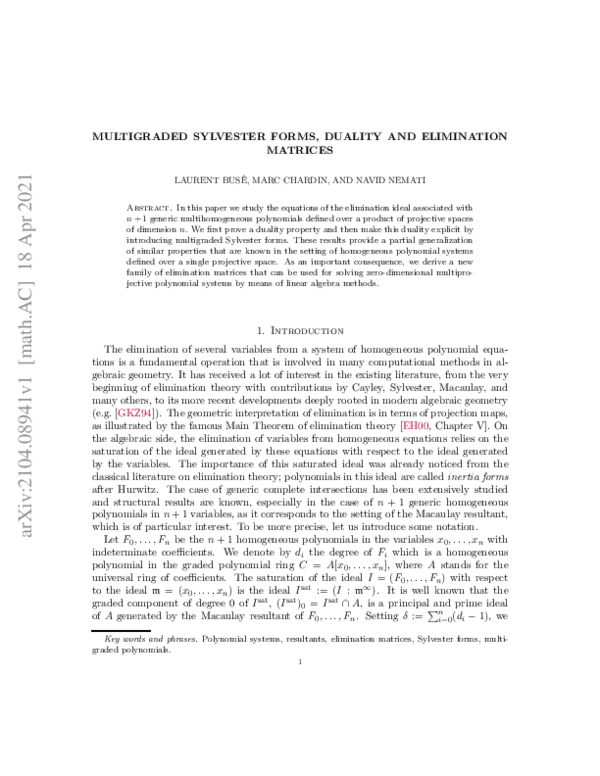 (PDF) Multigraded Sylvester forms, duality and elimination matrices