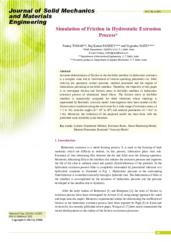(PDF) Simulation of Friction in Hydrostatic Extrusion Process