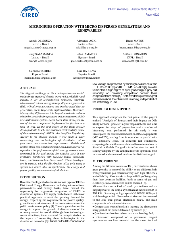 (PDF) Microgrids operation with micro dispersed generators and renewables