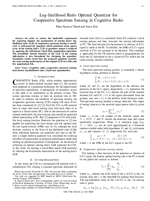 (PDF) Log-likelihood Ratio Optimal Quantizer for Cooperative Spectrum Sensing in Cognitive Radio