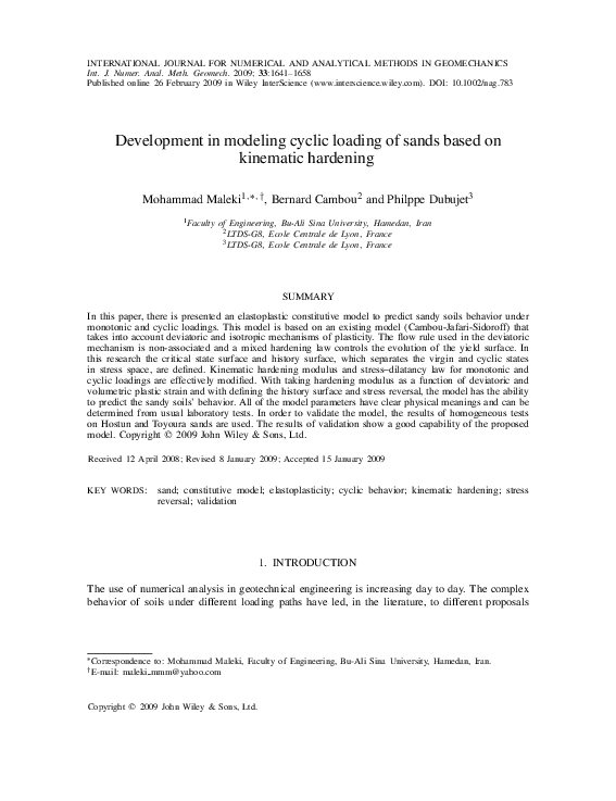 Pdf Development In Modeling Cyclic Loading Of Sands Based On