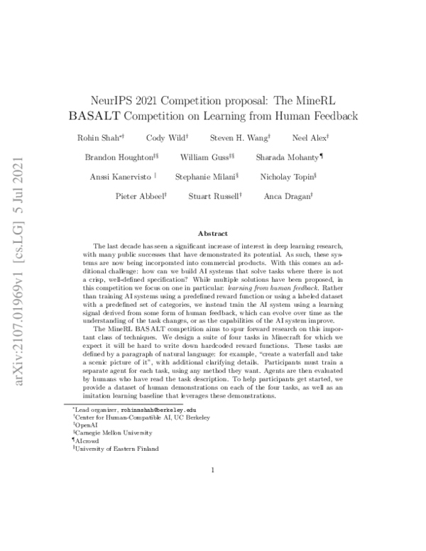 (PDF) The MineRL BASALT Competition on Learning from Human Feedback