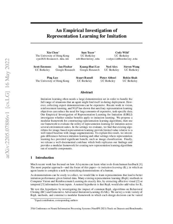 (PDF) An Empirical Investigation of Representation Learning for Imitation
