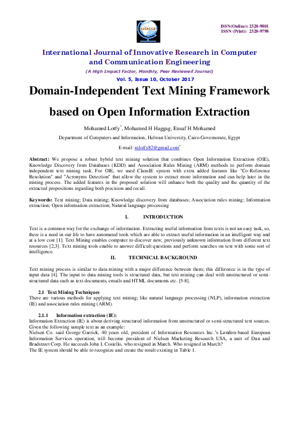 (PDF) Domain-Independent Text Mining Framework based on Open Information Extraction