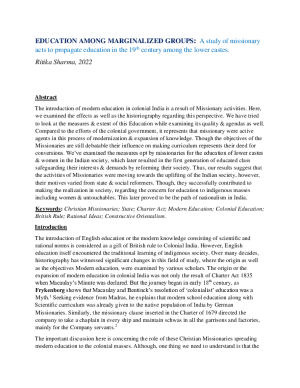 (PDF) EDUCATION AMONG MARGINALIZED GROUPS: A study of missionary acts ...