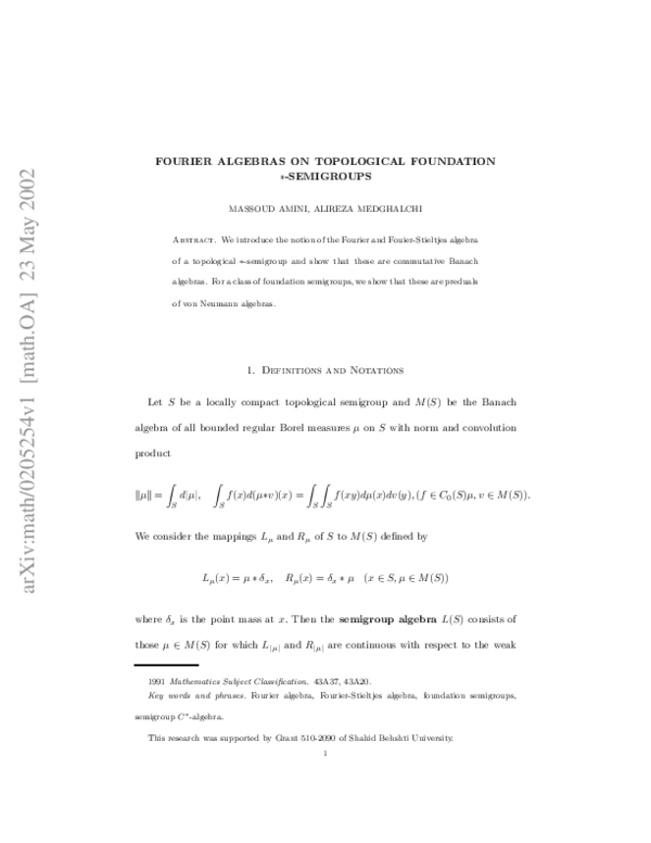 Pdf Fourier Algebras On Topological Foundation Semigroups