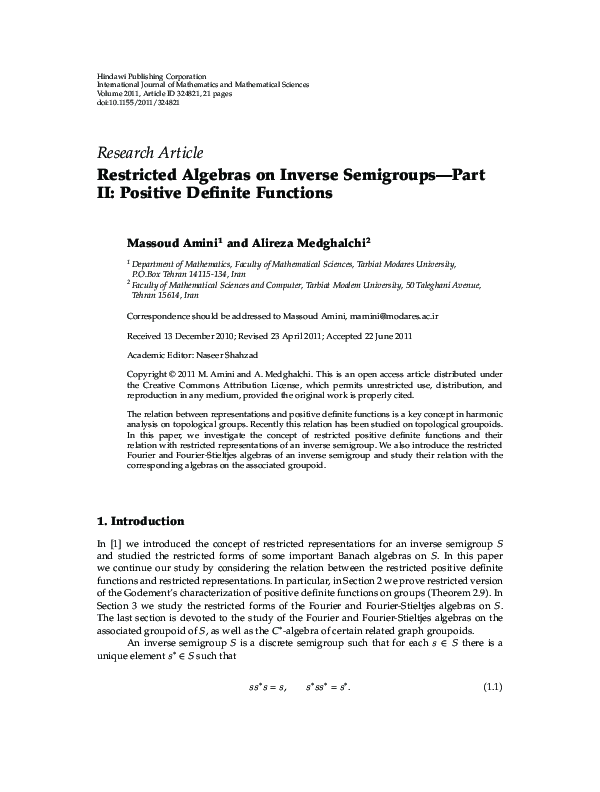 (PDF) Restricted Algebras on Inverse Semigroups—Part II: Positive Definite Functions