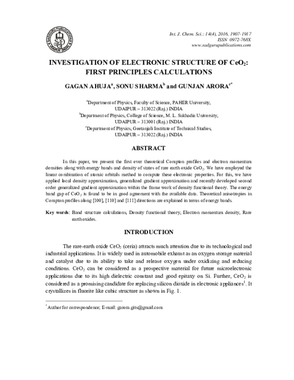 (PDF) Investigation of Electronic Structure of Ceo2: First Principles ...