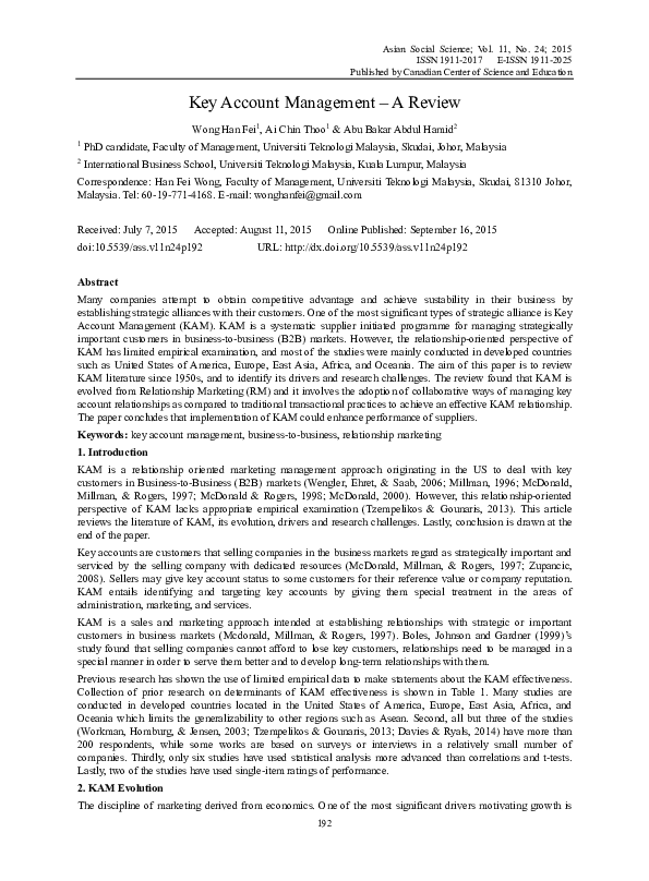 (PDF) Key Account Management – A Review