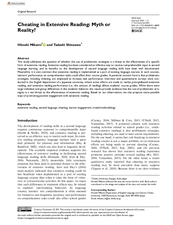 (PDF) Cheating in Extensive Reading: Myth or Reality