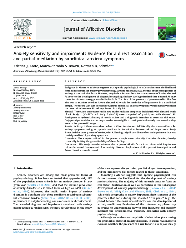 (PDF) Anxiety sensitivity and impairment: Evidence for a direct ...