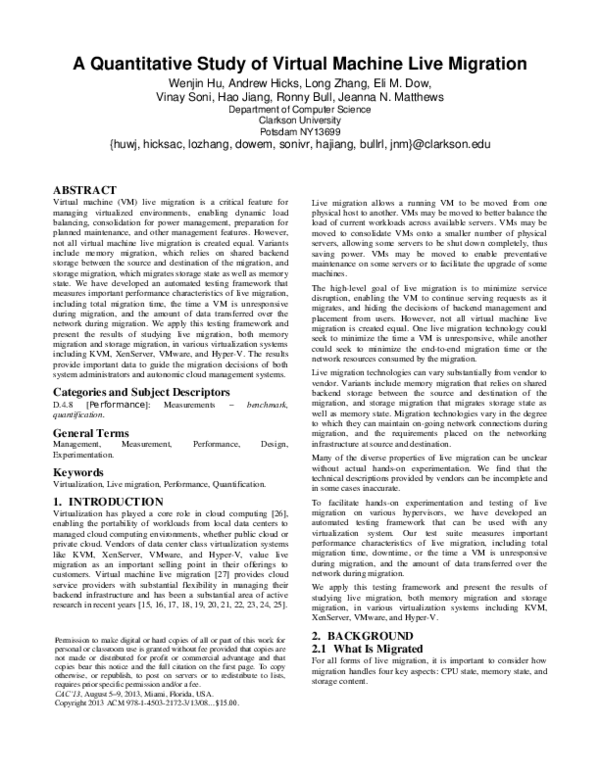(PDF) A quantitative study of virtual machine live migration