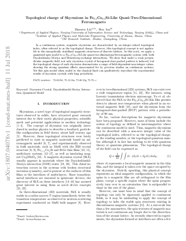 (PDF) Topological charge of Skyrmions in Fe_0.5Co_0.5Si-Like Quasi-Two-Dimensional Ferromagnets