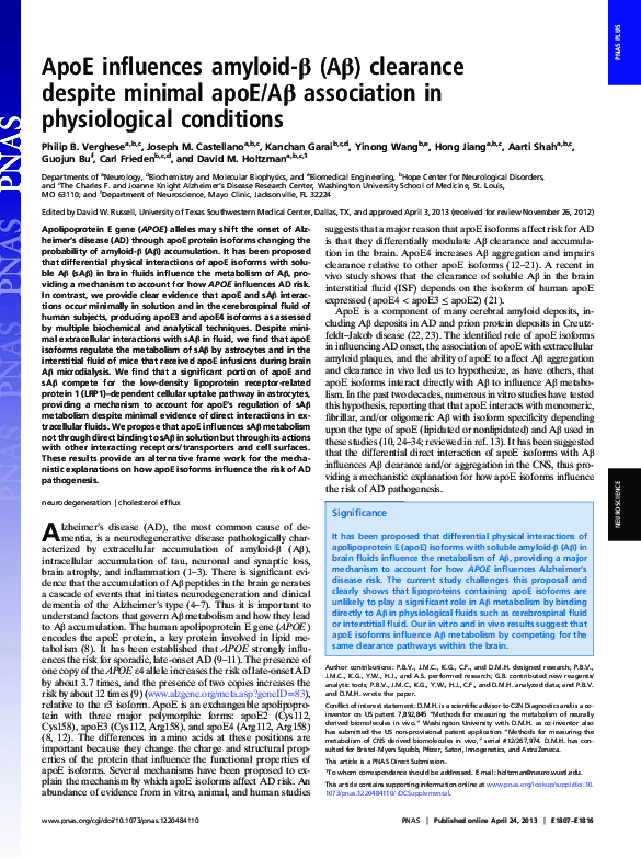 (PDF) ApoE influences amyloid-β (Aβ) clearance despite minimal apoE/Aβ ...