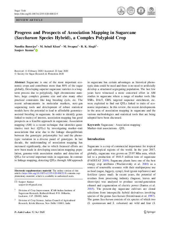 (PDF) Progress and Prospects of Association Mapping in Sugarcane (Saccharum Species Hybrid), a ...