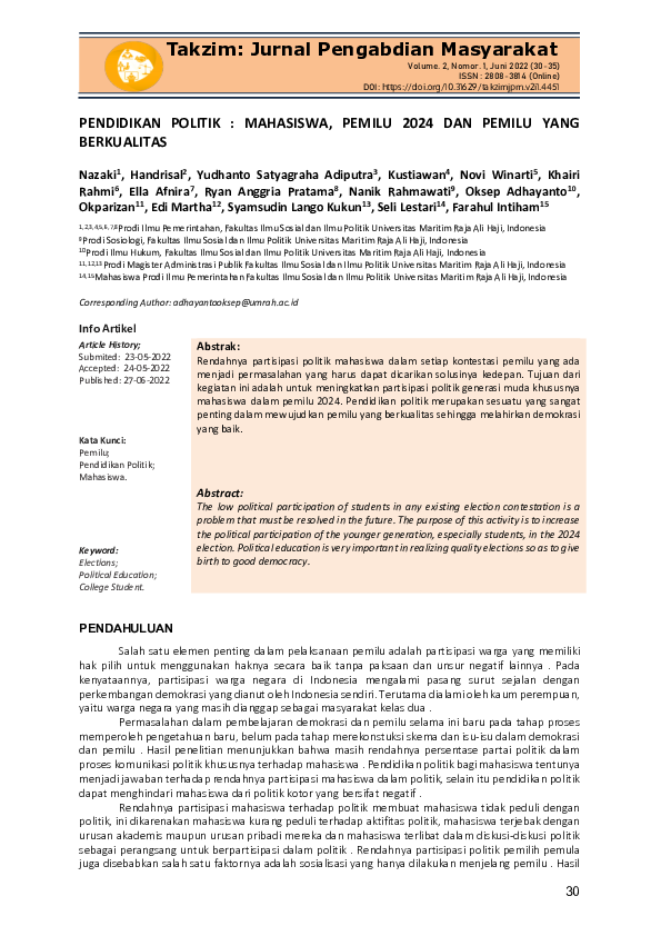 (PDF) Pendidikan Politik : Mahasiswa, Pemilu 2024 Dan Pemilu Yang Berkualitas