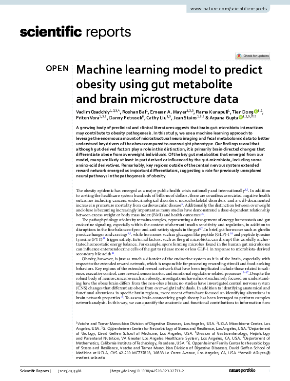(PDF) Machine learning model to predict obesity using gut metabolite and brain microstructure data