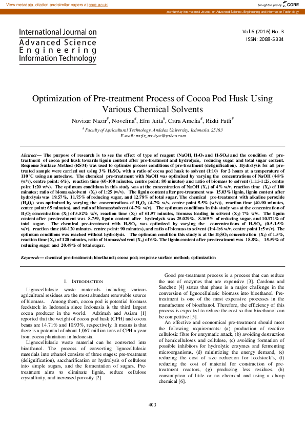 (PDF) Optimization of Pre-treatment Process of Cocoa Pod Husk Using Various Chemical Solvents