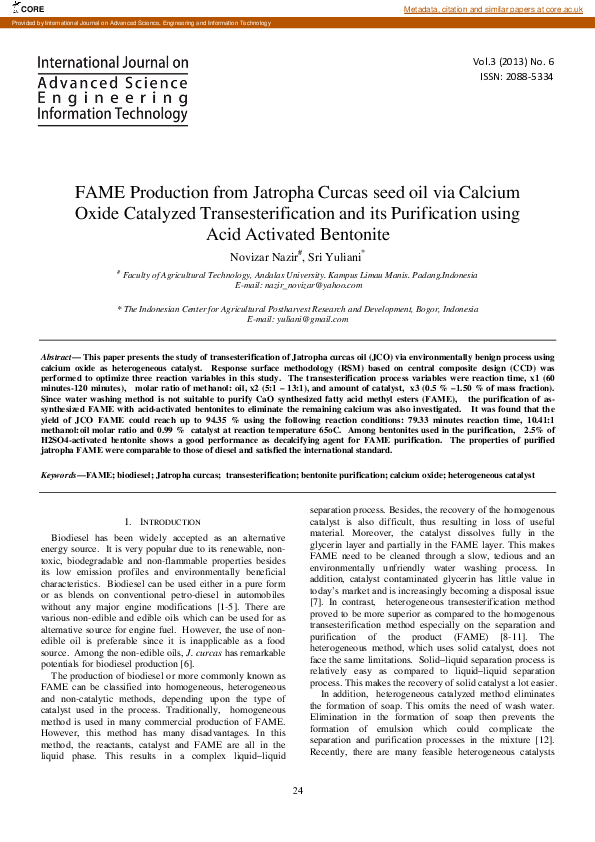 (PDF) FAME Production from Jatropha curcas Seed Oil via Calcium Oxide ...
