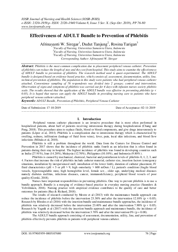 (PDF) Effectiveness of ADULT Bundle to Prevention of Phlebitis