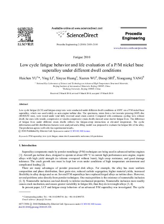 (PDF) Low cycle fatigue behavior and life evaluation of a P/M nickel base superalloy under ...