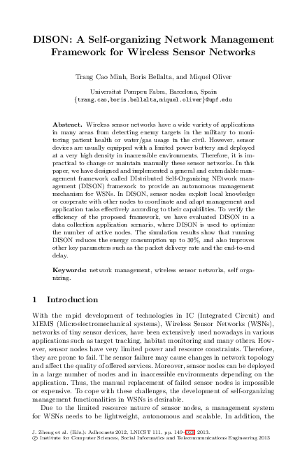 (PDF) DISON: A Self-organizing Network Management Framework for Wireless Sensor Networks | Trang ...