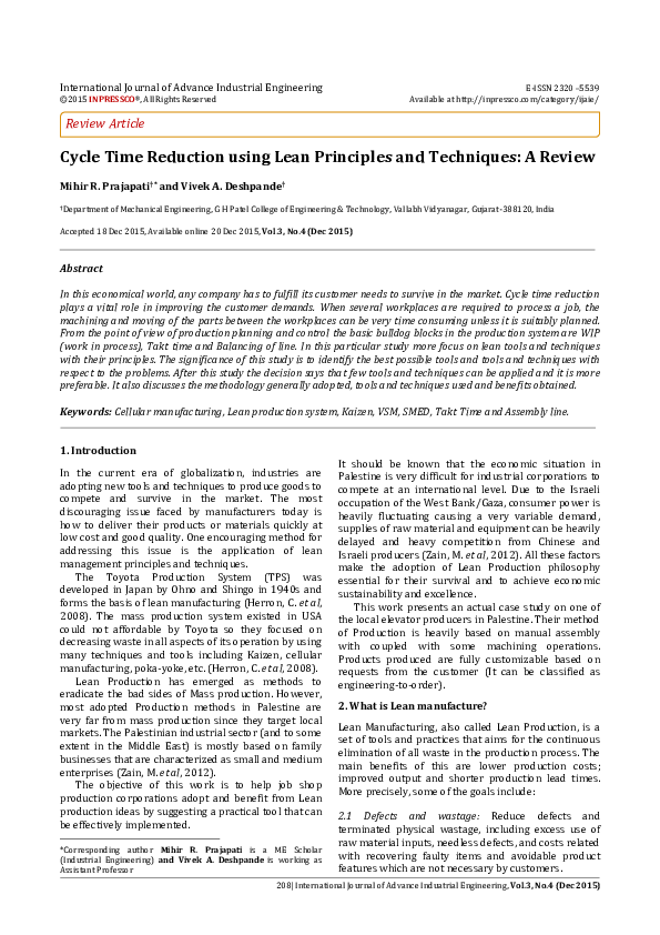 (PDF) International Journal of Advance Industrial Engineering Cycle Time Reduction using Lean ...