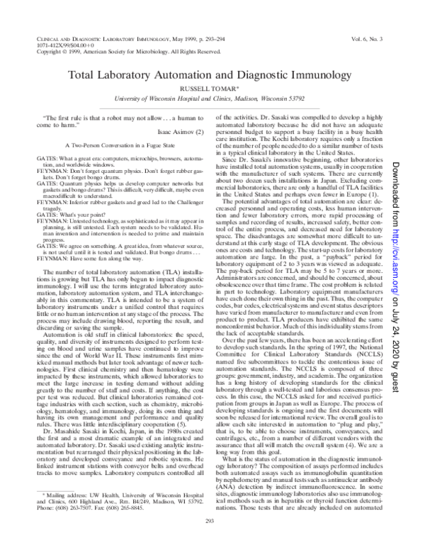 (PDF) Total Laboratory Automation and Diagnostic Immunology